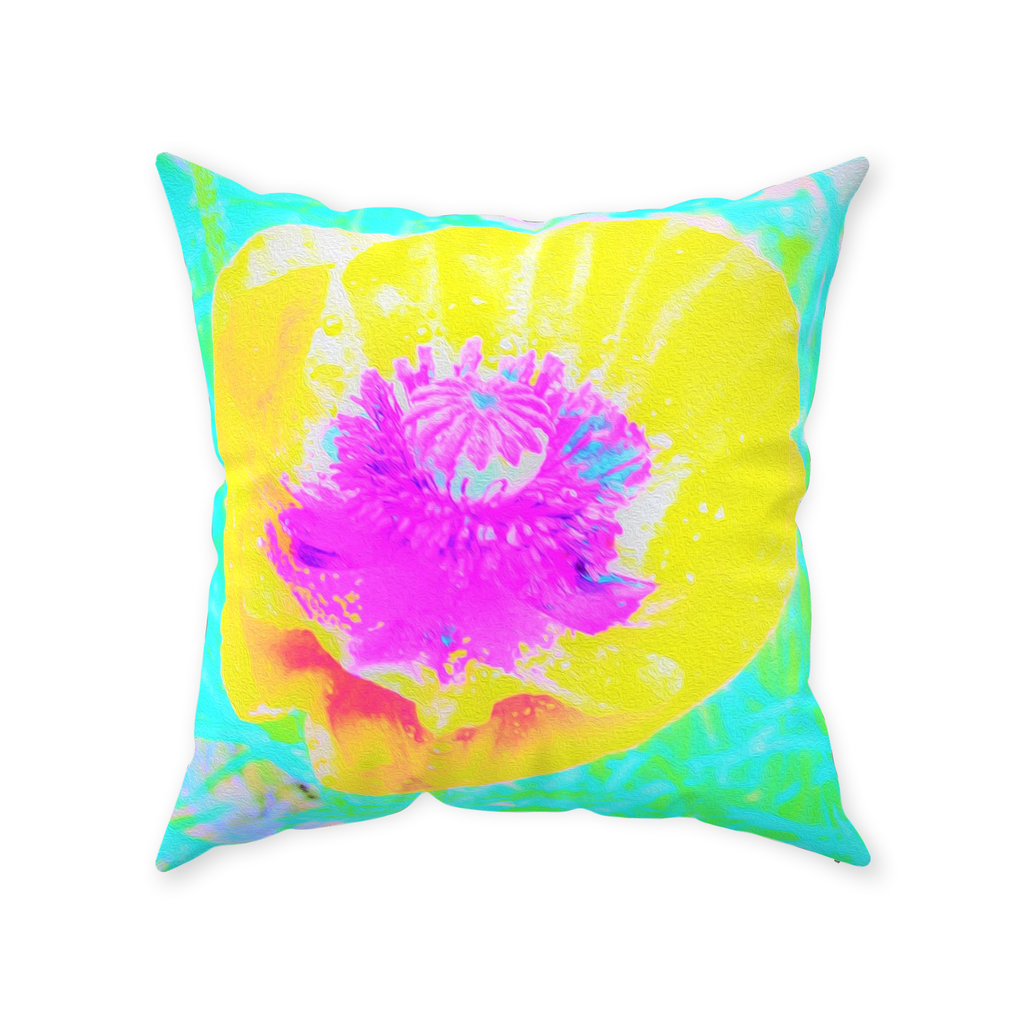 Decorative Throw Pillows, Yellow Poppy with Hot Pink Center on Turquoi ...